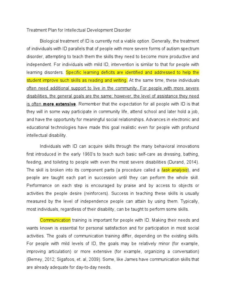 Treatment Plan For Intellectual Development Disorder | PDF ...