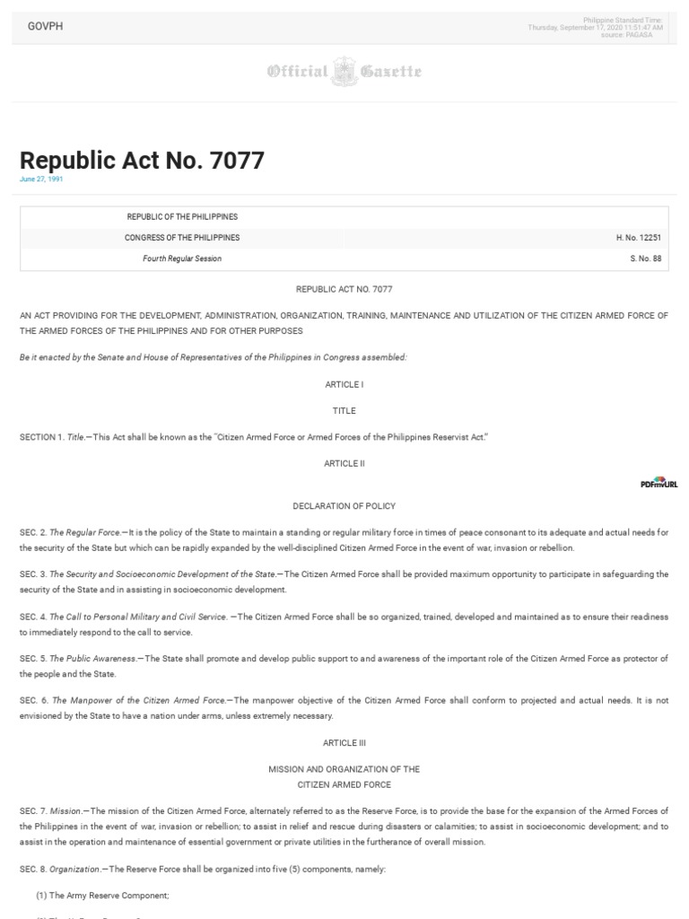 WWW Officialgazette Gov PH 1991 06 27 Republic-Act-No-7077 | PDF ...