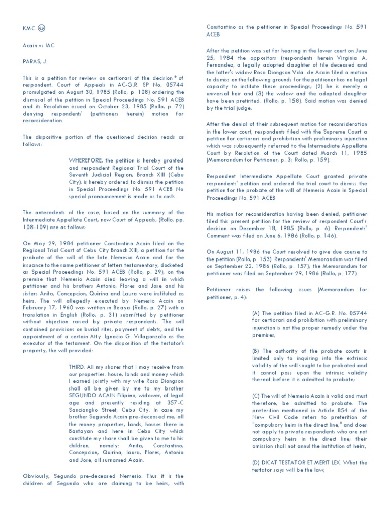 Analysis of a Decision Regarding a Petition for Probate of a Will and ...