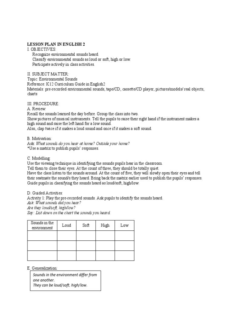Lesson Plan in English 2 | PDF | Sound | Cognition