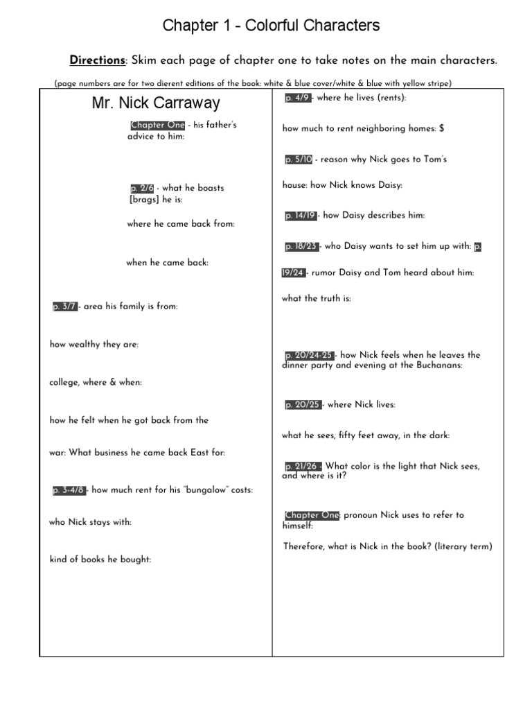 Chapter 1 Character Insights in Gatsby | PDF | The Great Gatsby