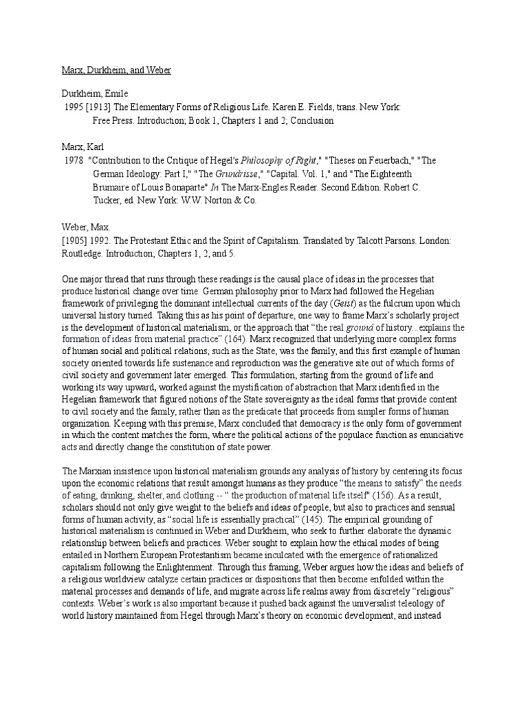 Marx Durkheim and Weber - Precis | PDF | Max Weber | Karl Marx