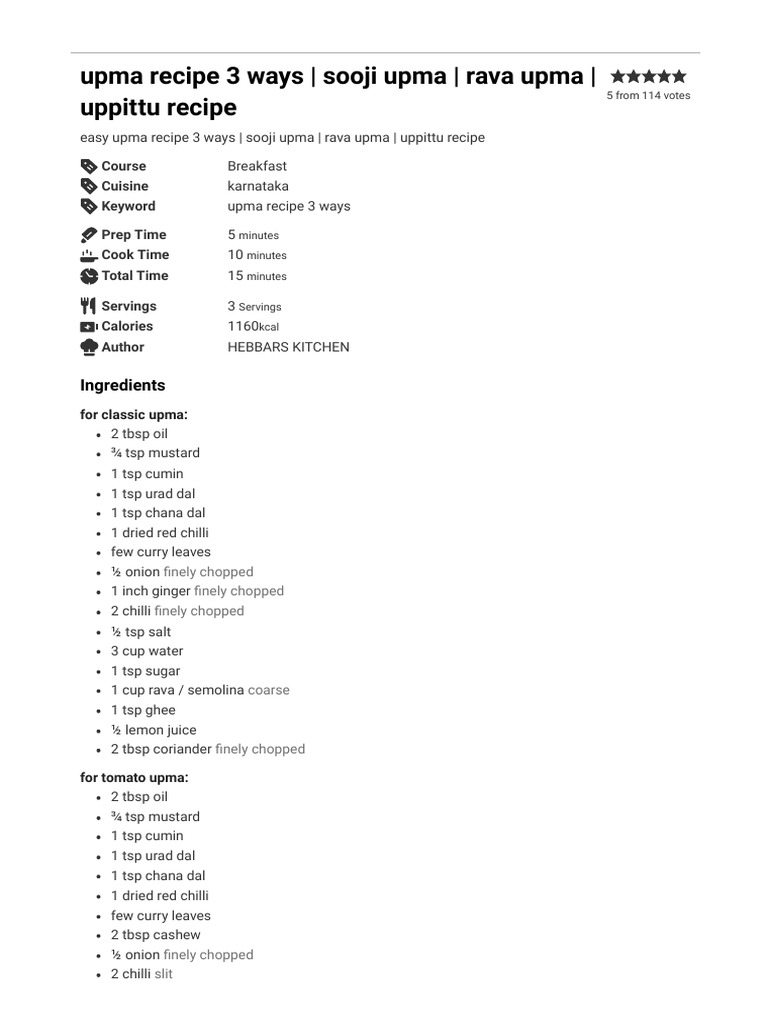 Upma Recipe 3 Ways - Sooji Upma - Rava Upma - Uppittu Recipe - Hebbar's Kitchen | PDF | Curry ...