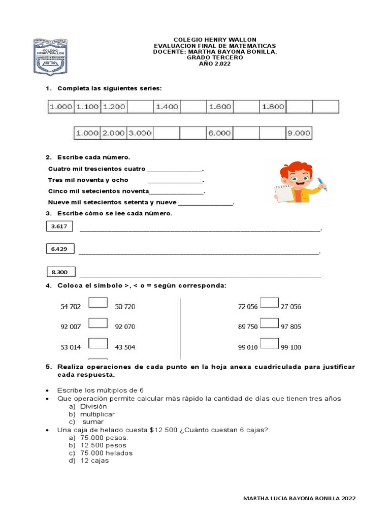 Evaluacion Final de Matematicas Grado Tercero | PDF | Matemáticas ...