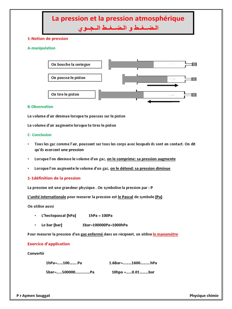 Notion de pression et atmosphère | PDF