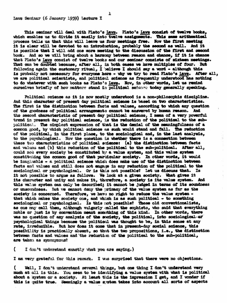 Leo Strauss - On Plato's Laws 1959 (1959) | PDF