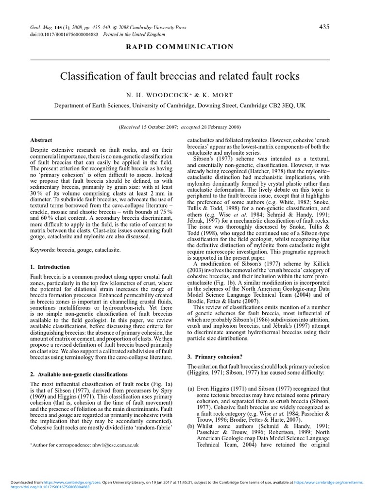 Woodcock and Mort 2008 (Classification of Fault Breccias) | PDF ...