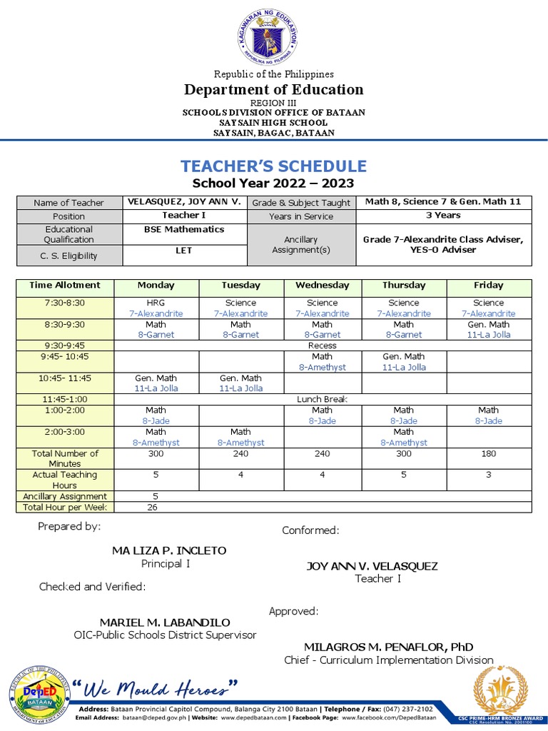 TEACHERs SCHEDULE | PDF | Teachers | Curriculum