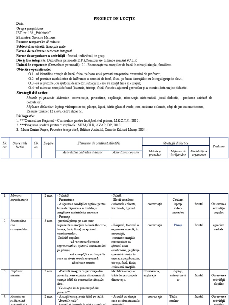 Proiect de Lectie Emotiile Mele | PDF