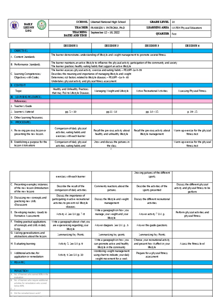 DLL Grade 10 Physical Education | PDF