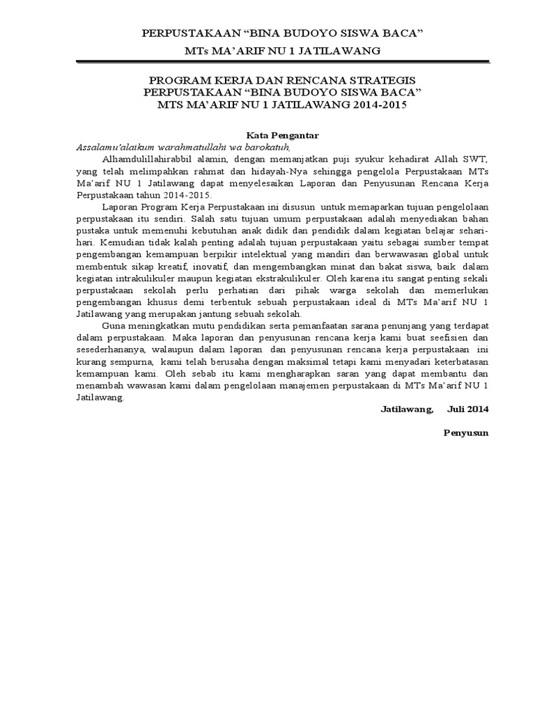 Program Kerja Perpustakaan MTs Ma'arif NU 1 Jatilawang 2014-2015 | PDF | Karier & Perkembangan ...