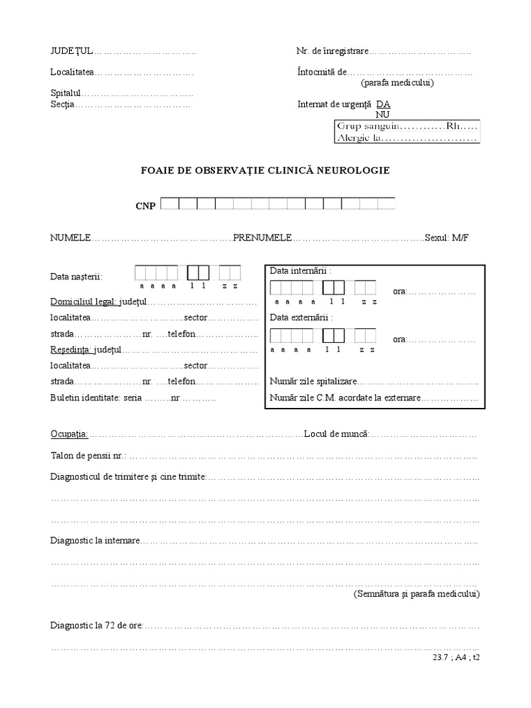 FOAIE DE OBSERVATIE NEUROLOGICA Modificata | PDF