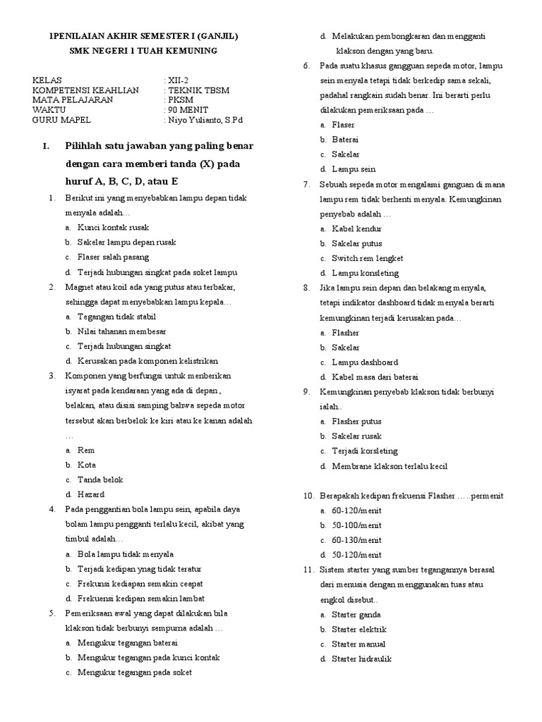 Soal Ujian PKSM Teknik TBSM XII-2 | PDF