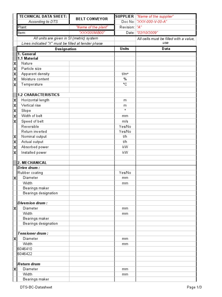 DTS - Belt Conveyor Data Sheet | PDF