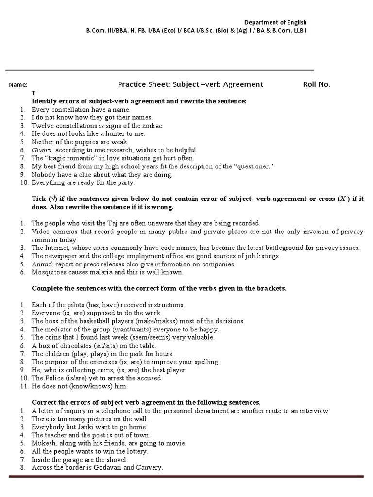 Subject Verb Agreement PRACTICE SHEET Revised Practice Sheet-2 | PDF