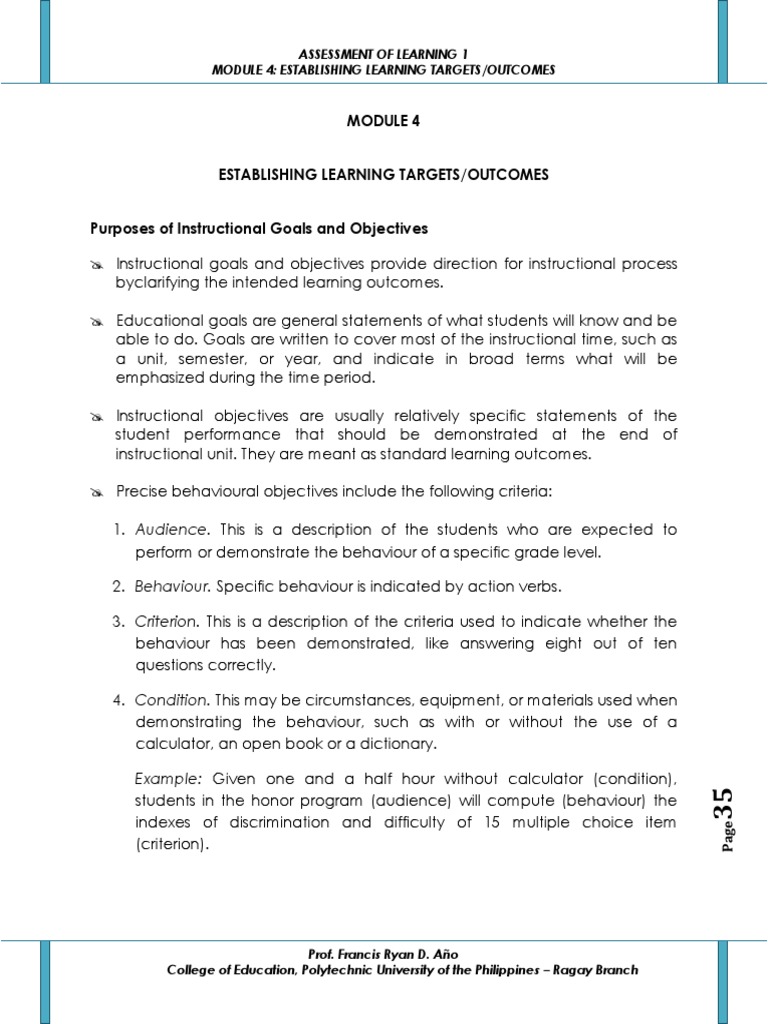 Module 4 Establishing Learning Targets | PDF | Educational Assessment | Learning