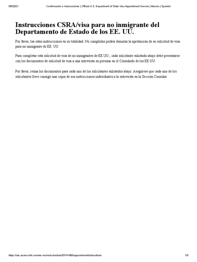 Confirmación e Instrucciones - Official U.S. Department of State Visa ... Confirmación e Instrucciones - Official U.S. Department of State Visa ...