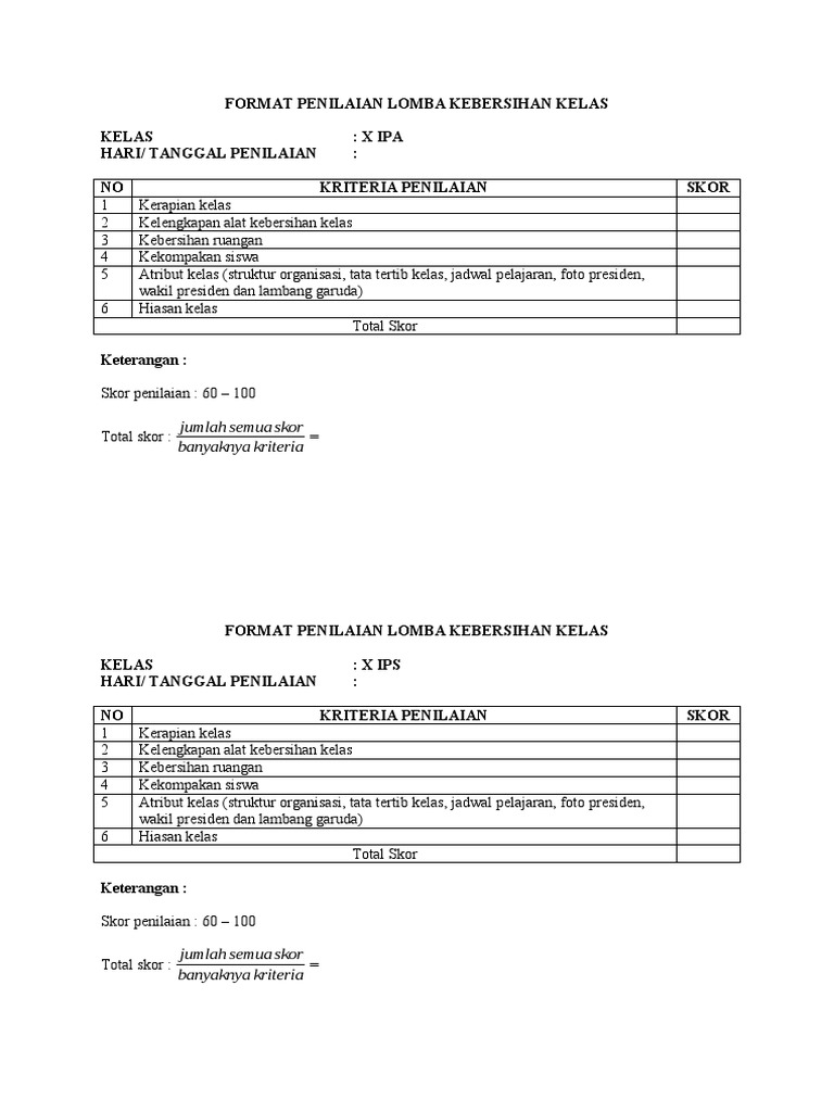 Format Penilaian Lomba Kebersihan Kelas | PDF
