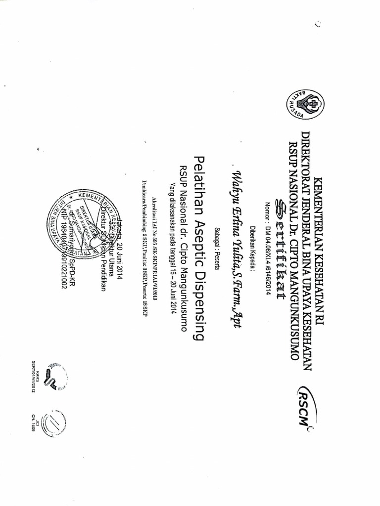 Sertifikat Pelatihan Dispensing Sitostatika | PDF