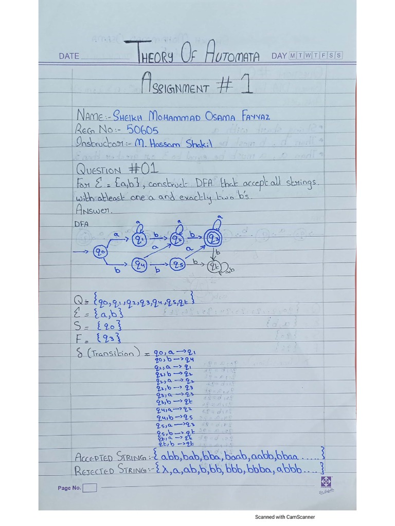 Theory of Automata - Assignment 1 - Sheikh Mohammad Osama - 50605 | PDF Theory of Automata - Assignment 1 - Sheikh Mohammad Osama - 50605 | PDF
