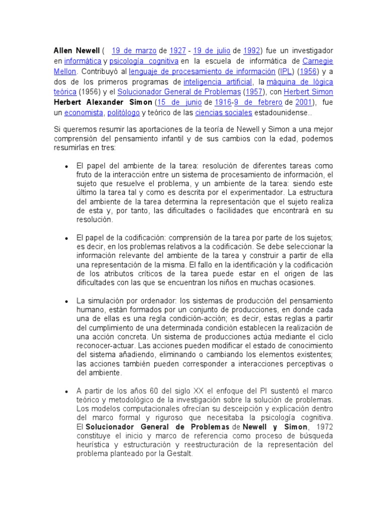 Aportaciones de Newell y Simon al GPS | PDF | Memoria | Ciencia cognitiva