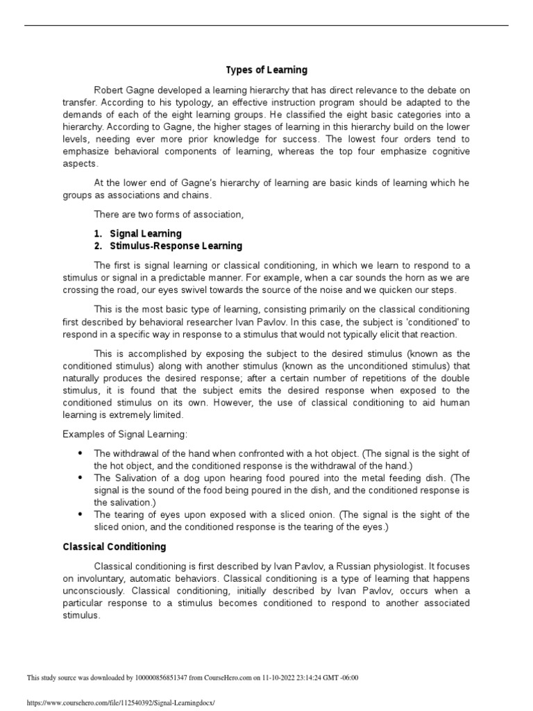 Signal_Learning.docx | PDF | Classical Conditioning | Learning