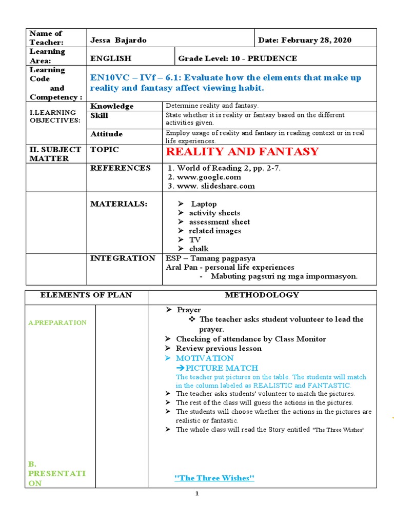 Eng10-Q4-Cot-#Lp Fantasy and Reality | PDF