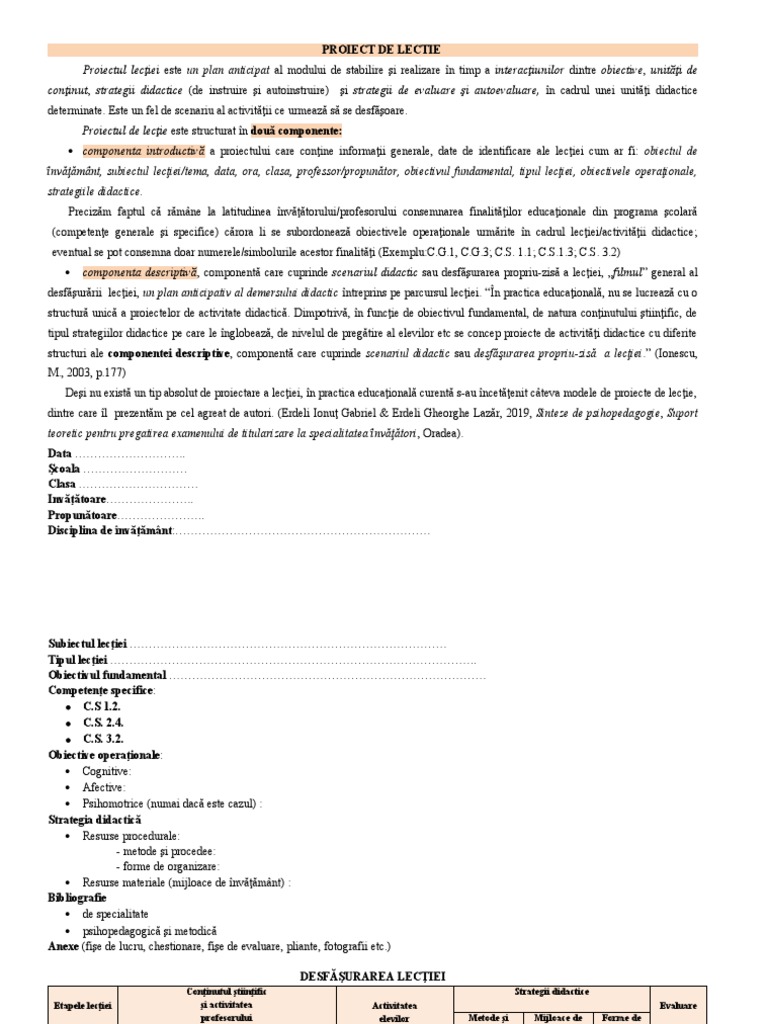 PROIECT DE LECTIE - Model | PDF