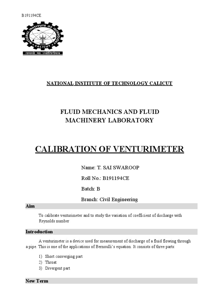 FM Lab Exp1 Venturimeter B191194ce | PDF | Flow Measurement | Fluid Dynamics