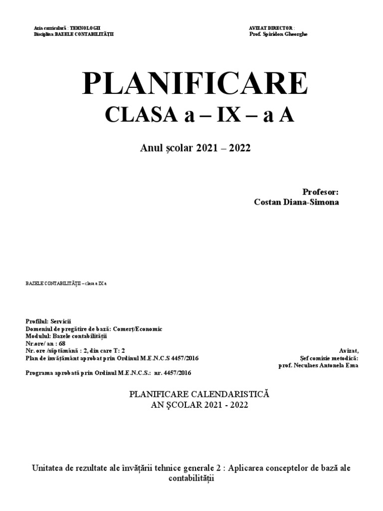 Planificare Bazele Contabilitatii Cls IX A 2021 - 2022 | PDF