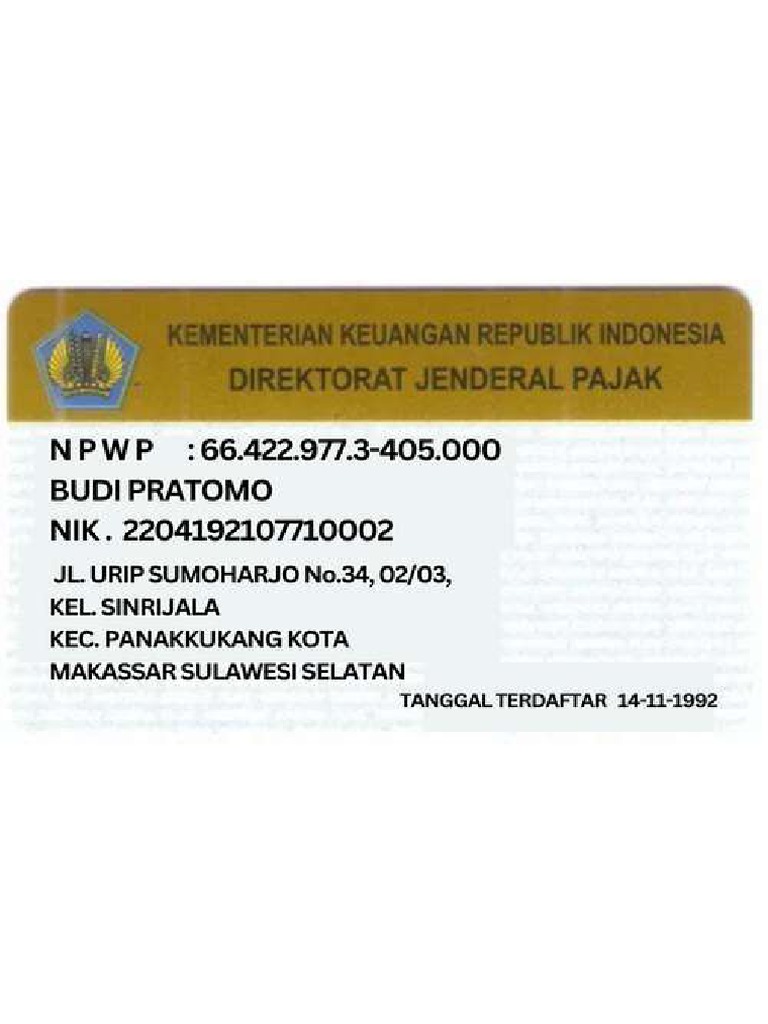 Asli 1 (Satu) Lembar Kartu NPWP Atas Nama Budi Pratomo | PDF