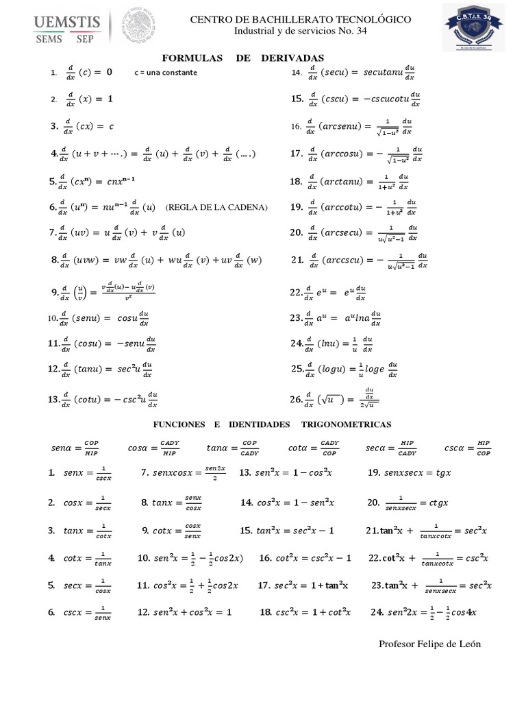 FORMULARIO Derivadas e Integrales | PDF