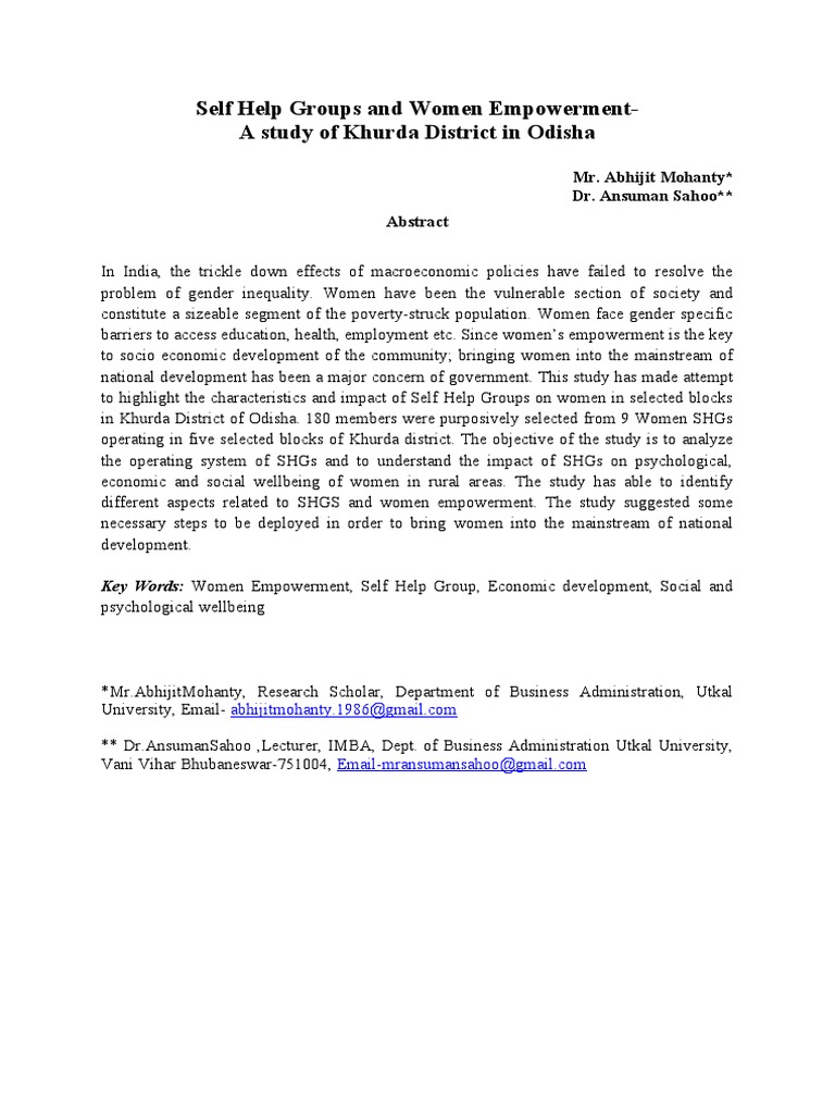 Self Help Groups and Women Empowerment - A Study of Khurda District in Odisha | PDF ...