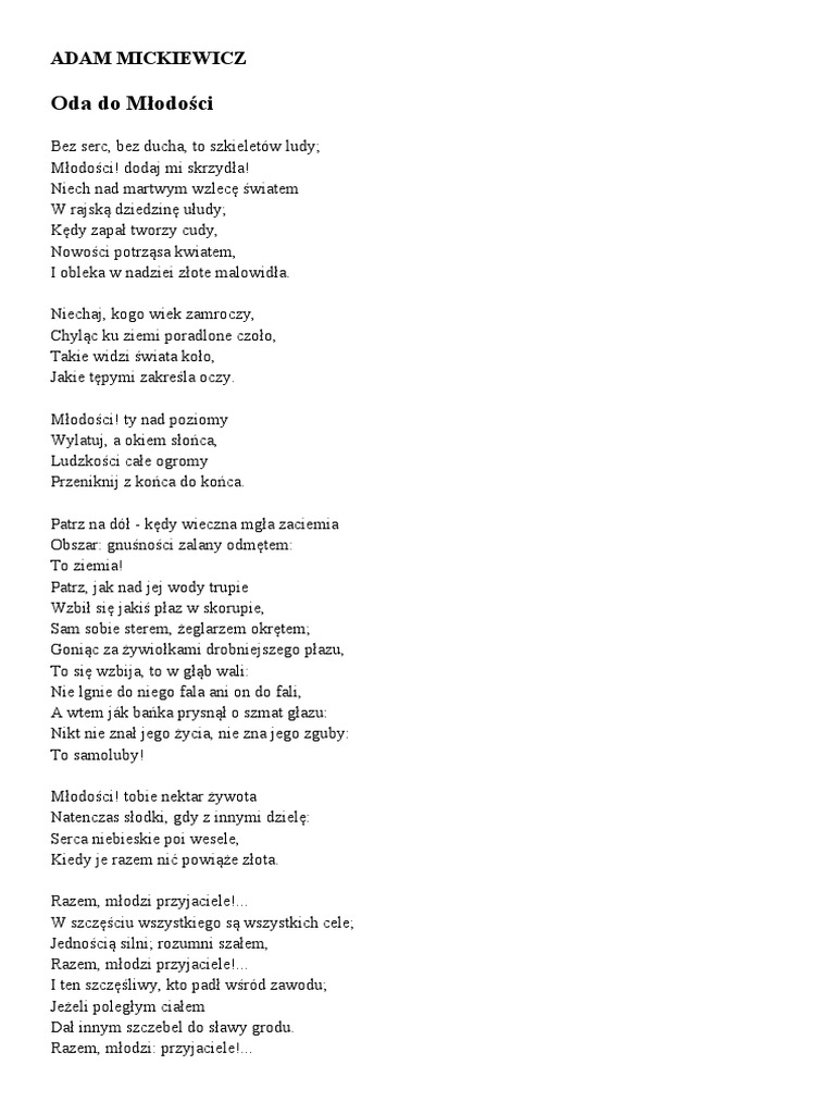 ADAM MICKIEWICZ Oda Do Młodości - Analizawiersza | PDF