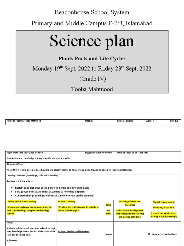 Plan G4 Sci Week 6 Plants Life Cycles | PDF | Germination | Learning