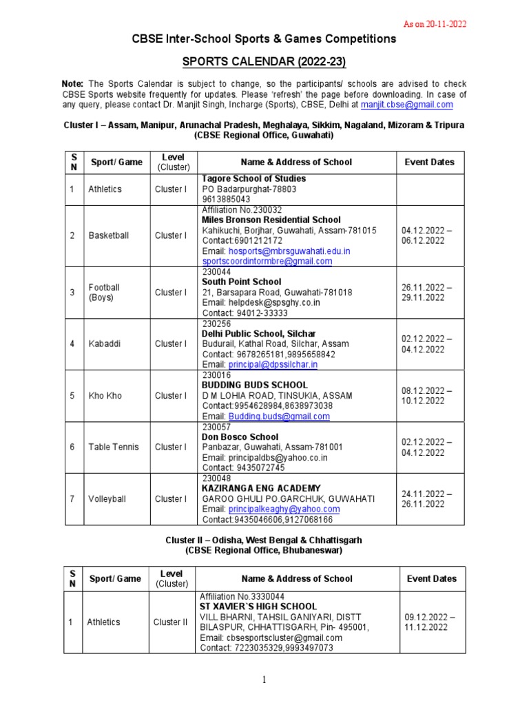 CBSE Sports Calendar (2022-23) | PDF | Sports