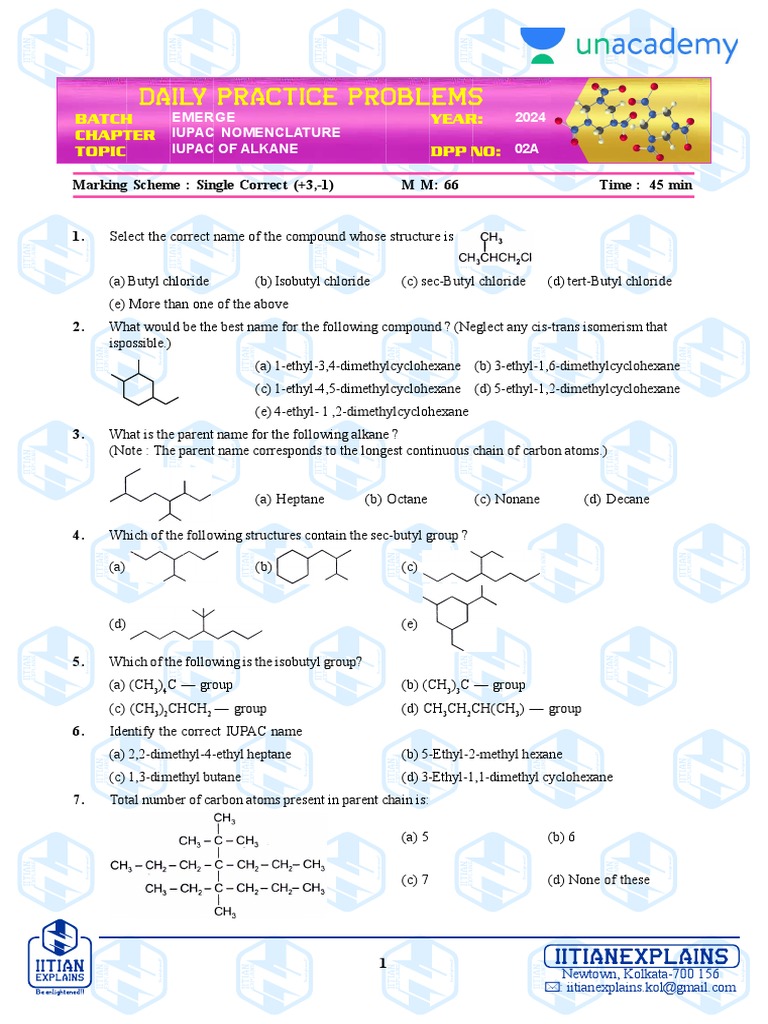 IUPAC Nomenclature Practice Questions | PDF | Alkane | Chemistry