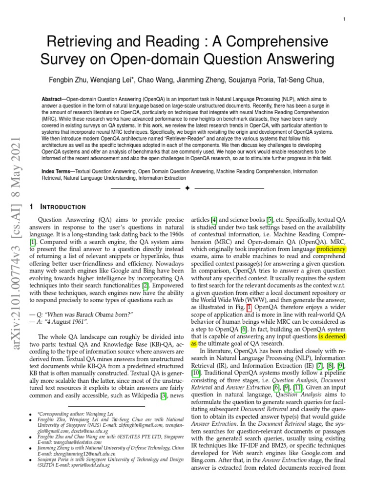 Retrieving and Reading - A Comprehensive Survey On Open-Domain Question Answering | PDF ...
