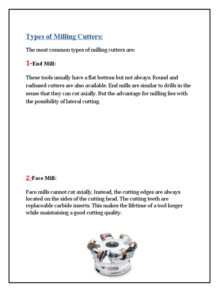 Types of Milling Cutters | PDF | Metalworking | Manufactured Goods