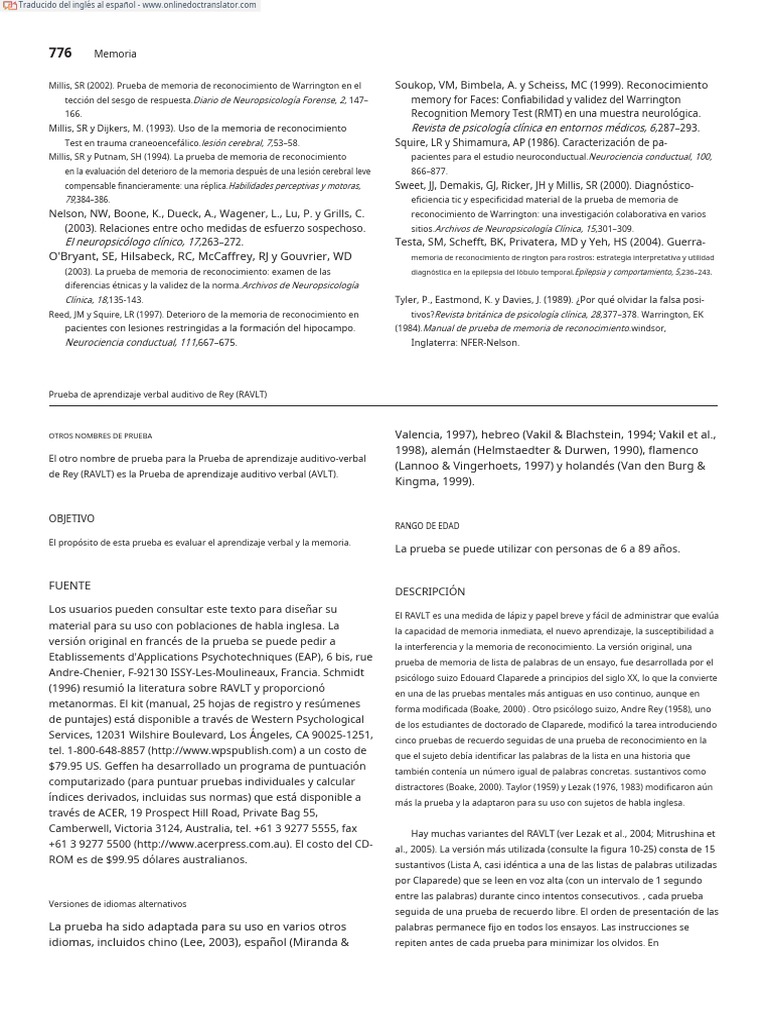 Español RAVLT. A Compendium of Neuropsychological Tests ...