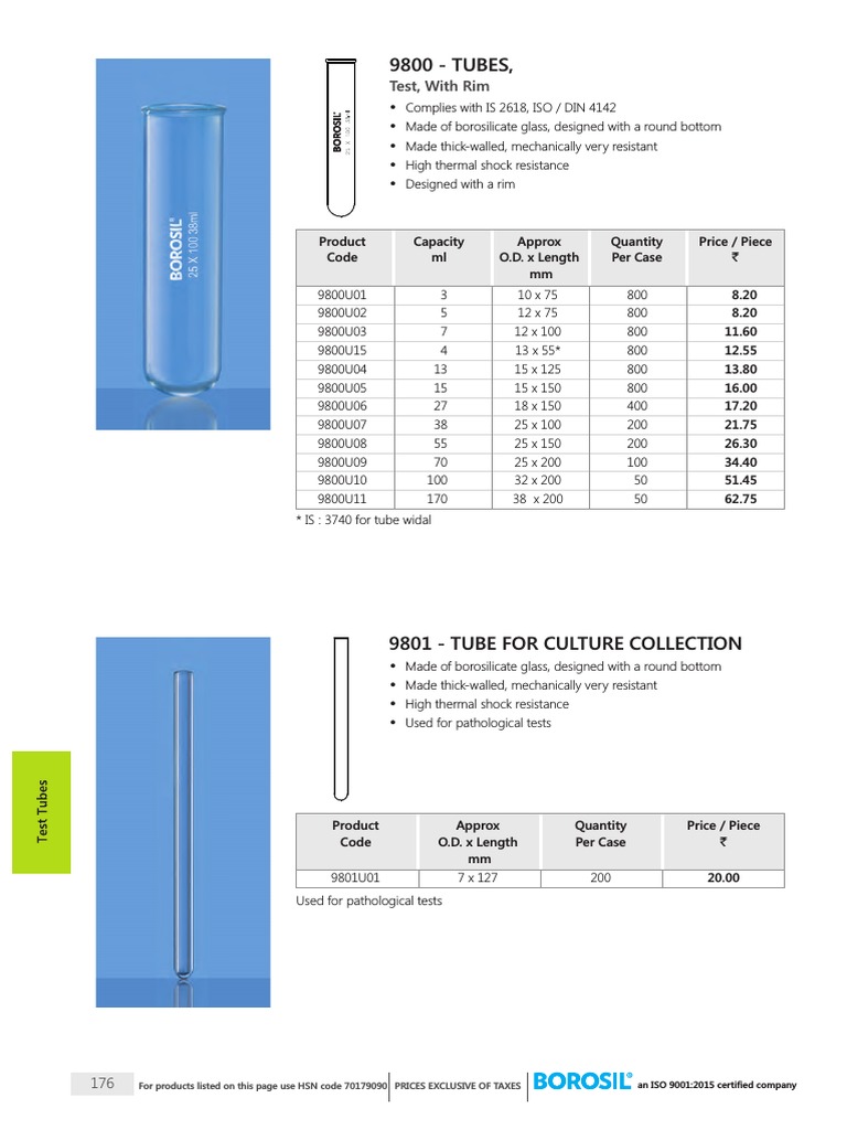 Test Tube Sizes and Capacities Chart | PDF