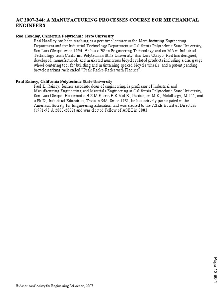 A Manufacturing Processes Course For Mechanical Engineers | PDF