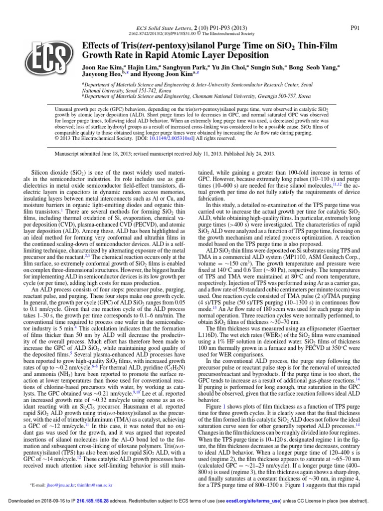 Effects of Tris (Tert-Pentoxy) Silanol Purge Time On SiO2 Thin-Film ...
