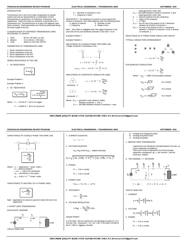 Power Systems 1 Transmission Lines Hand Out Summer 2017 | PDF