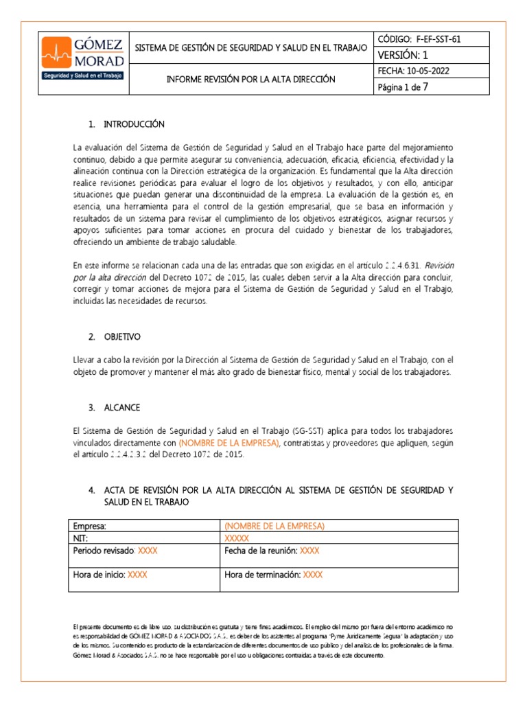 F EF SST 63 Informe Revision Por La Alta Direccion | PDF ...