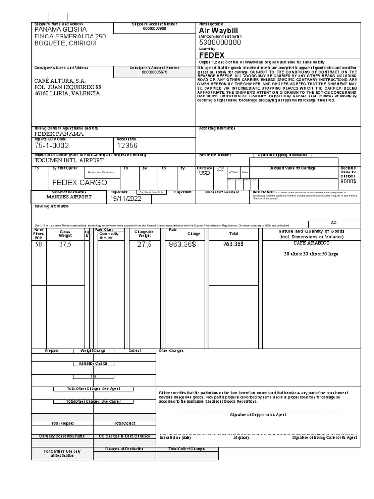 Air Waybill Fedex: Panama Geisha Finca Esmeralda 250 Boquete, Chiriquí ...