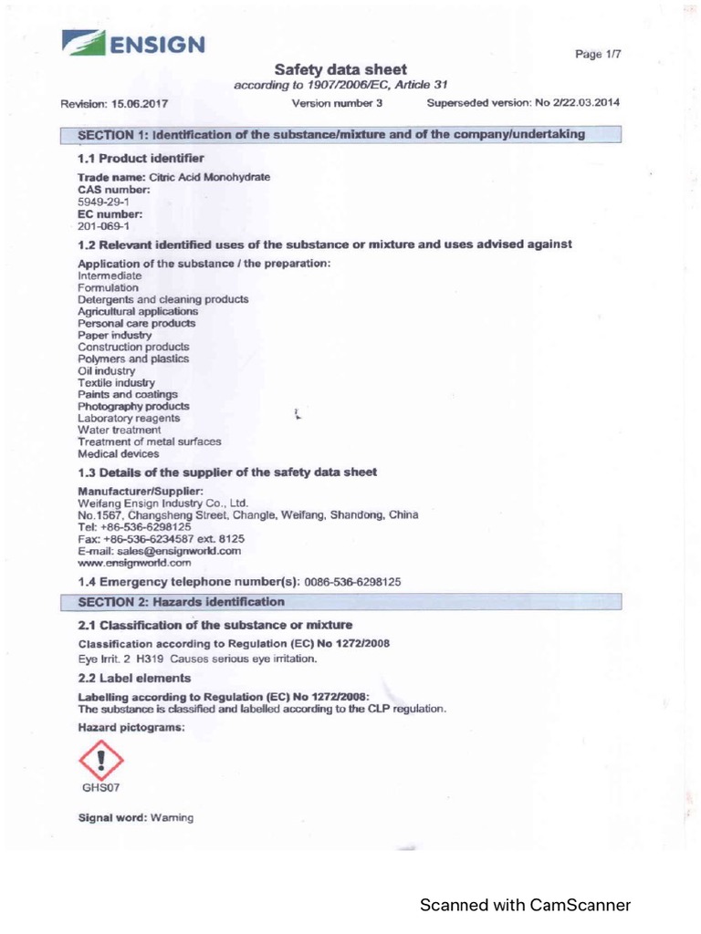 MSDS Report (Citric Acid) | PDF