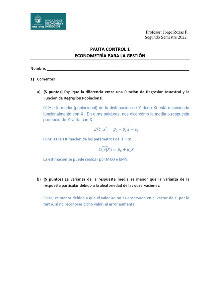Control-1 Econometria 2sem 2022-Pauta | PDF | Econometría | Significancia estadística