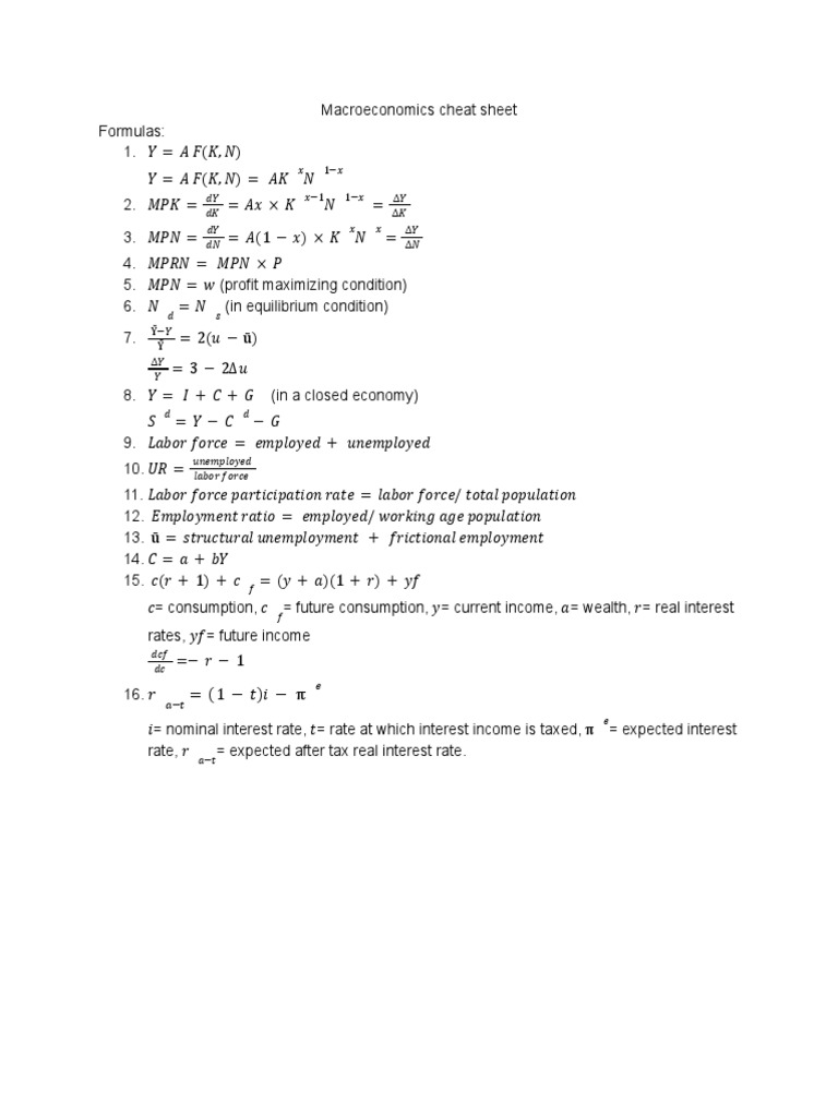 Macroeconomics Formulas Cheat Sheet | PDF | Labour Economics | Full ...