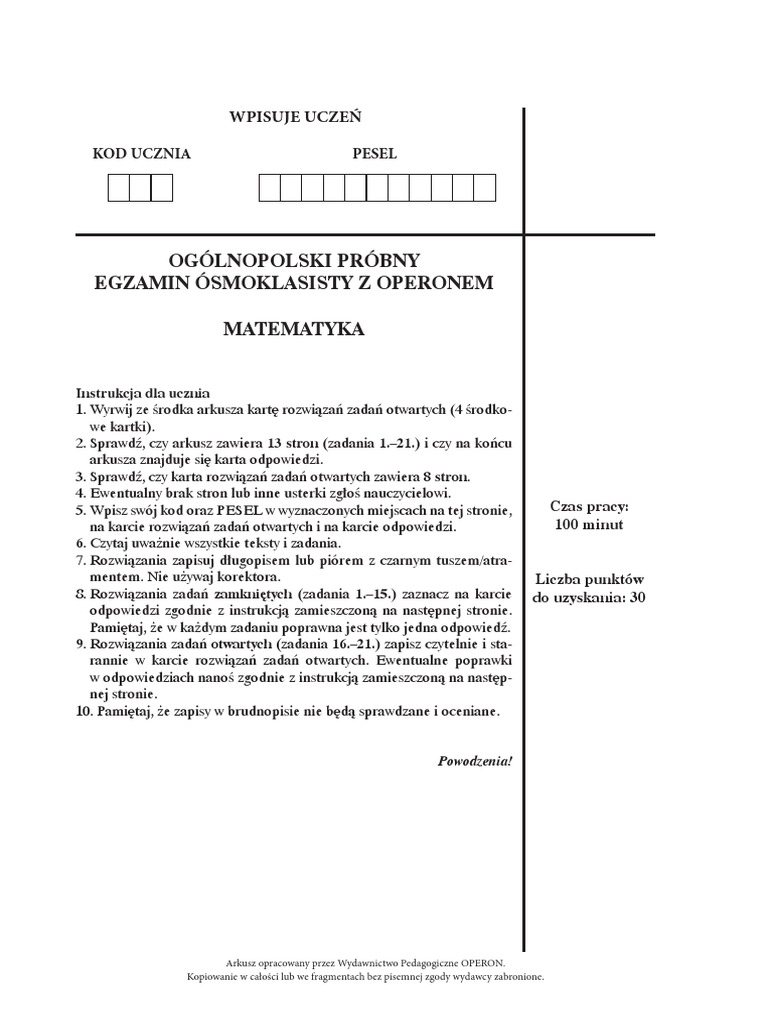 Matematyka Arkusz PEO 2020 | PDF